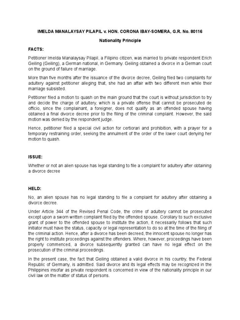 IMELDA MANALAYSAY PILAPIL v. HON. CORONA IBAY-SOMERA | PDF | Divorce | Complaint