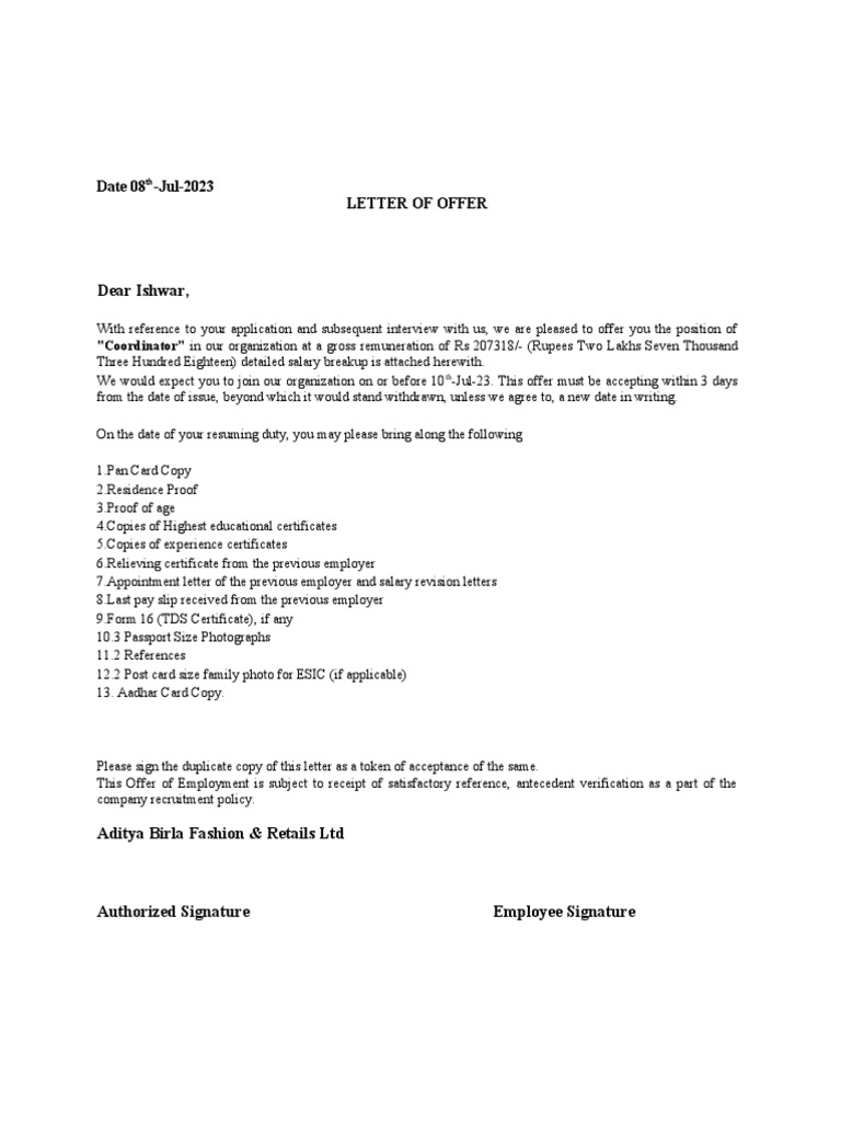 Offer Letter Format | PDF | Salary | Employment