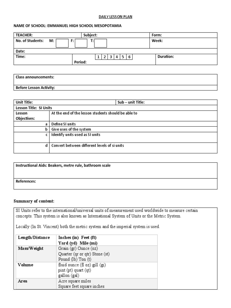SI Units Lesson Plan | PDF | Gallon | Metrology