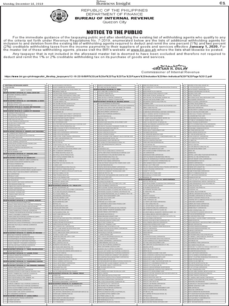 BIR List of Top Tax Payers Inclusiton Non-Individual F Page 1 | PDF ...
