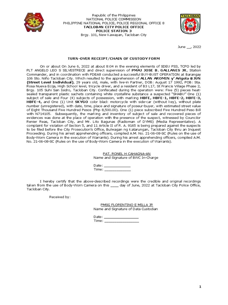 Turn-Over Receipt and Chain of Custody | PDF | Common Law | Law Enforcement