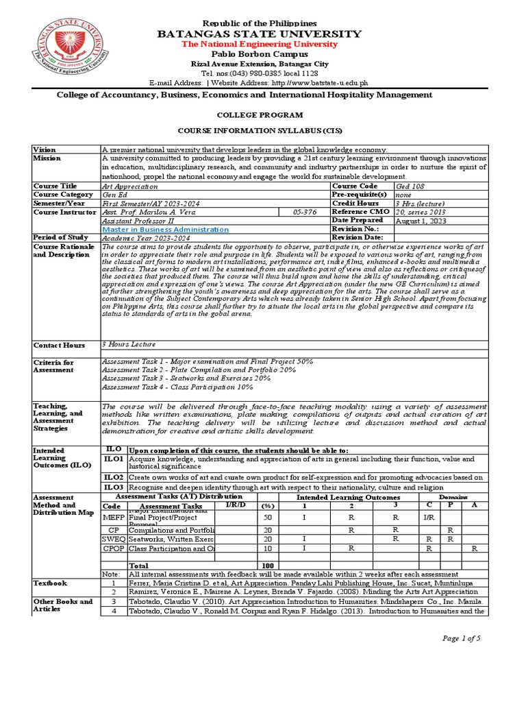 Ged 108 Art Appreciation Syllabus | PDF | Thought | Sustainability