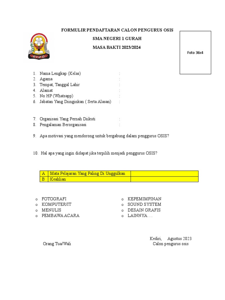 Formulir Pendaftaran Calon Pengurus Osis | PDF Formulir Pendaftaran Calon Pengurus Osis | PDF