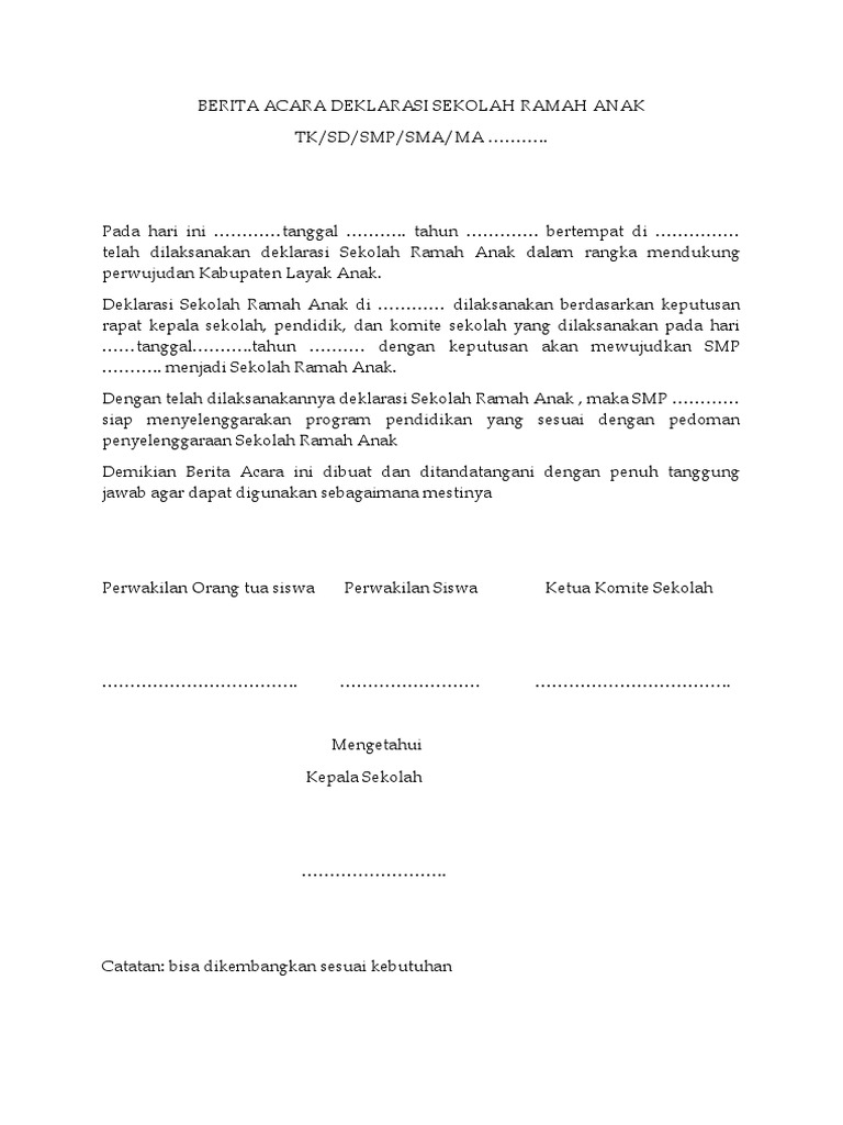 Berita Acara Deklarasi Sekolah Ramah Anak | PDF | Karier & Perkembangan ...