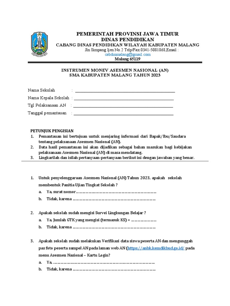 Instrumen Monev AN SMA Malang 2023 | PDF | Karier & Perkembangan