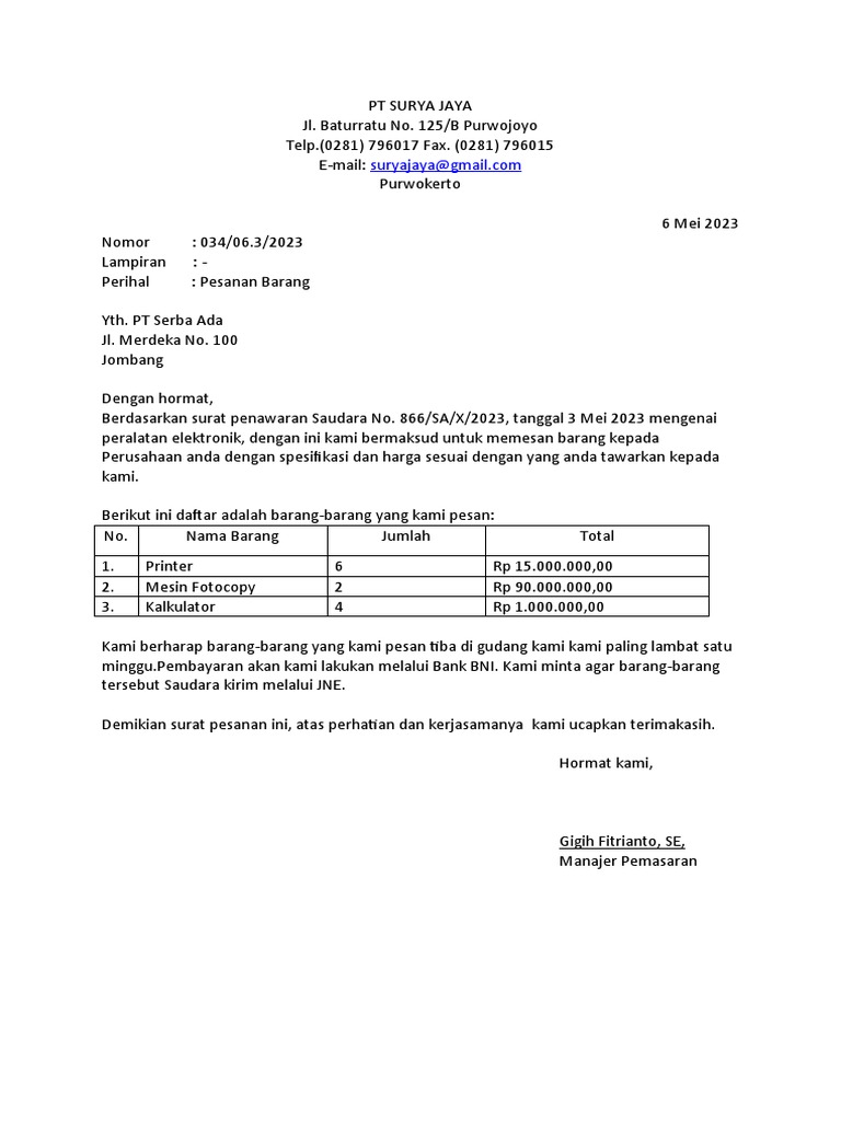 Contoh Surat Pesanan Barang | PDF