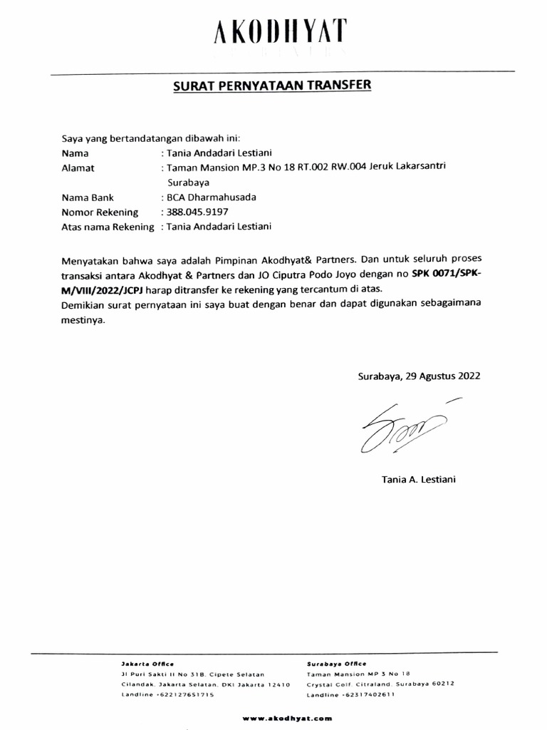 surat pernyataan transfer Akodhyat (1) | PDF