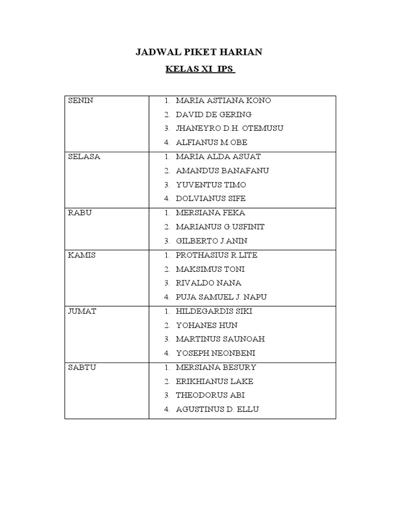 Contoh Jadwal Piket Harian | PDF