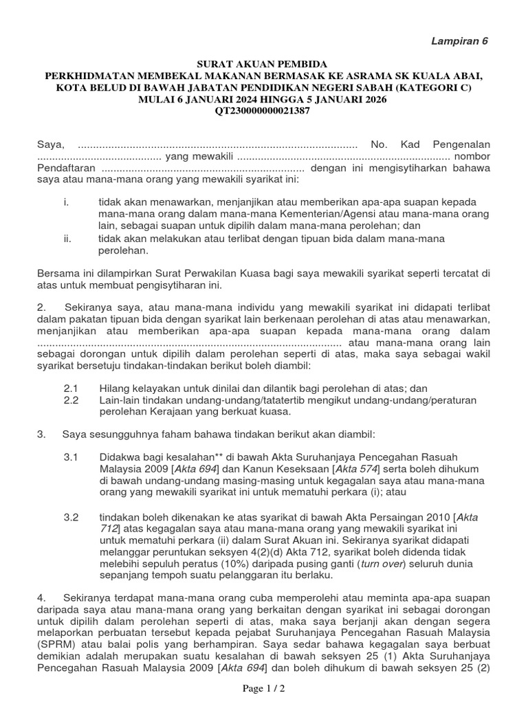 02 Sampel Surat Akuan Pembida | PDF