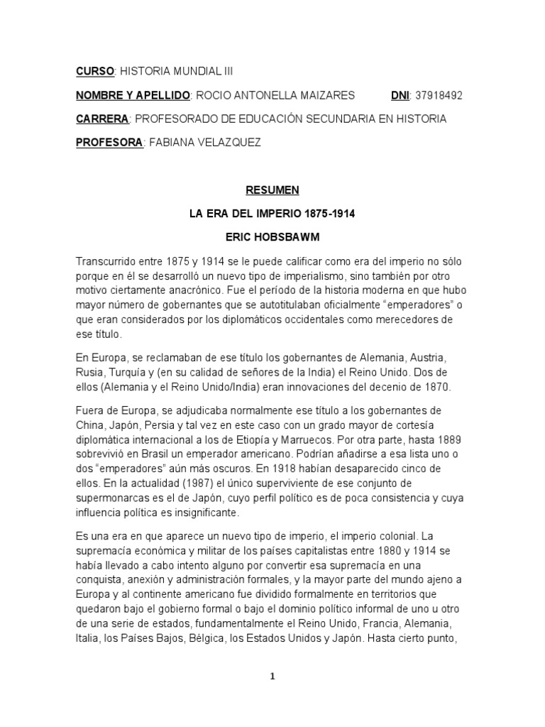 La Era Del Imperio 1875-1914 - Resumen | PDF | Imperialismo | Europa