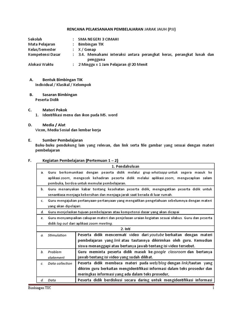 RPP Tik Semester Genap 2020-2021 | PDF