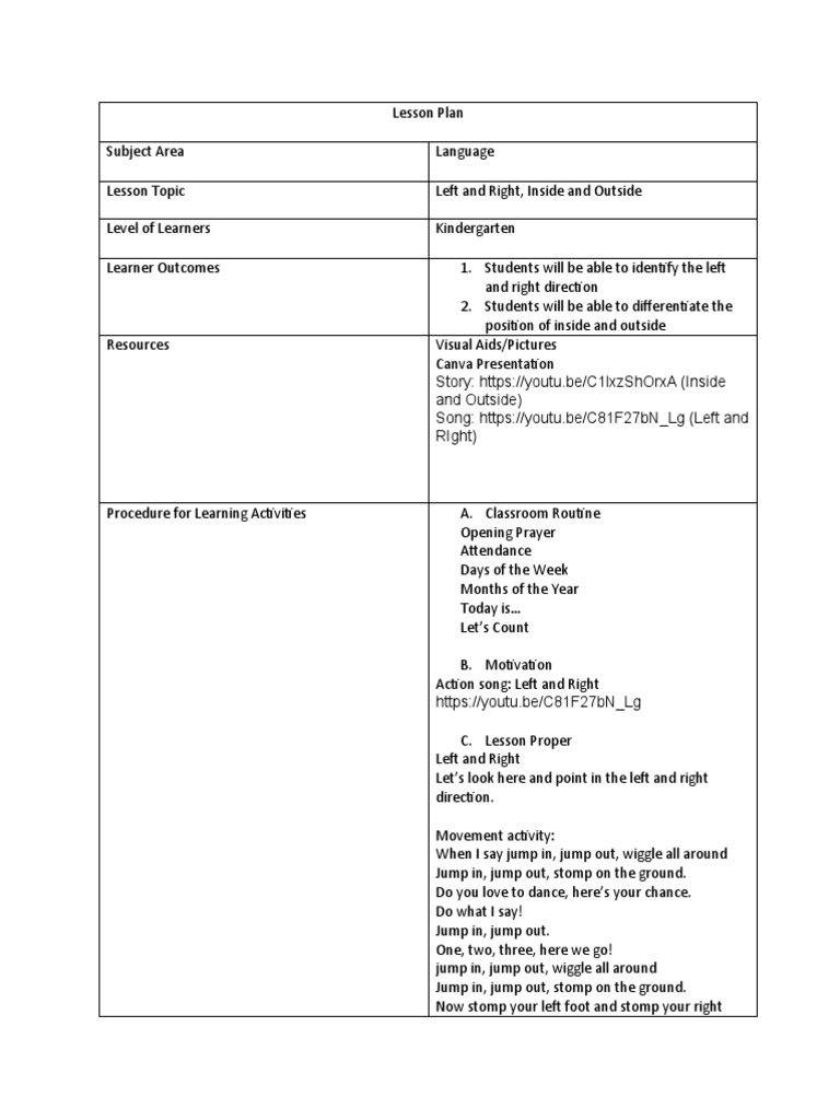 Lesson Plan - Left and Right, Inside and Outside | PDF | Lesson Plan ...