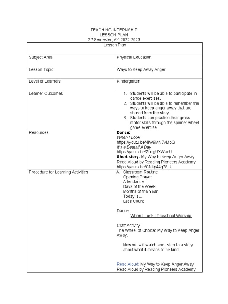 Kindergarten Lesson Plan: Anger Management | PDF | Anger | Lesson Plan