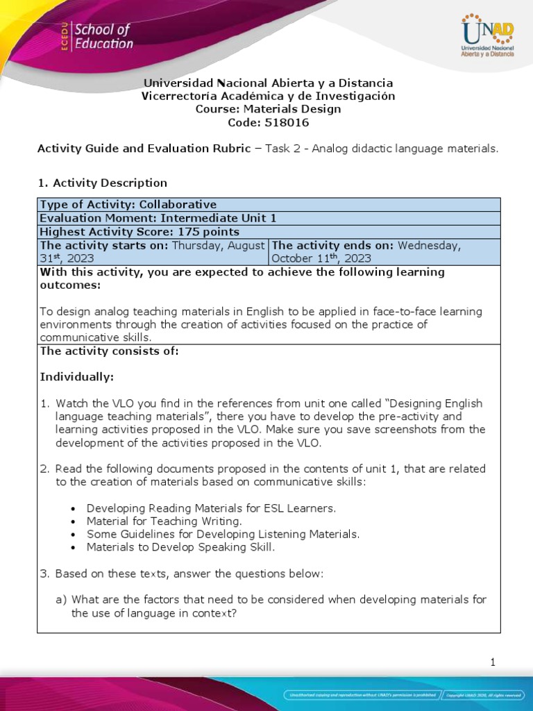 Activity Guide and Evaluation Rubric - Task 2 - Analog Didactic Language Materials | PDF ...