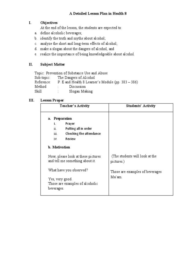 Health 8 Lesson Plan: Alcohol Awareness | PDF | Ethanol | Alcoholic ...