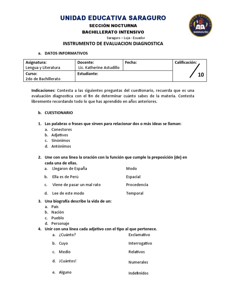 Prueba Diagnostica Lengua y Literatura | PDF | Adjetivo | Lingüística