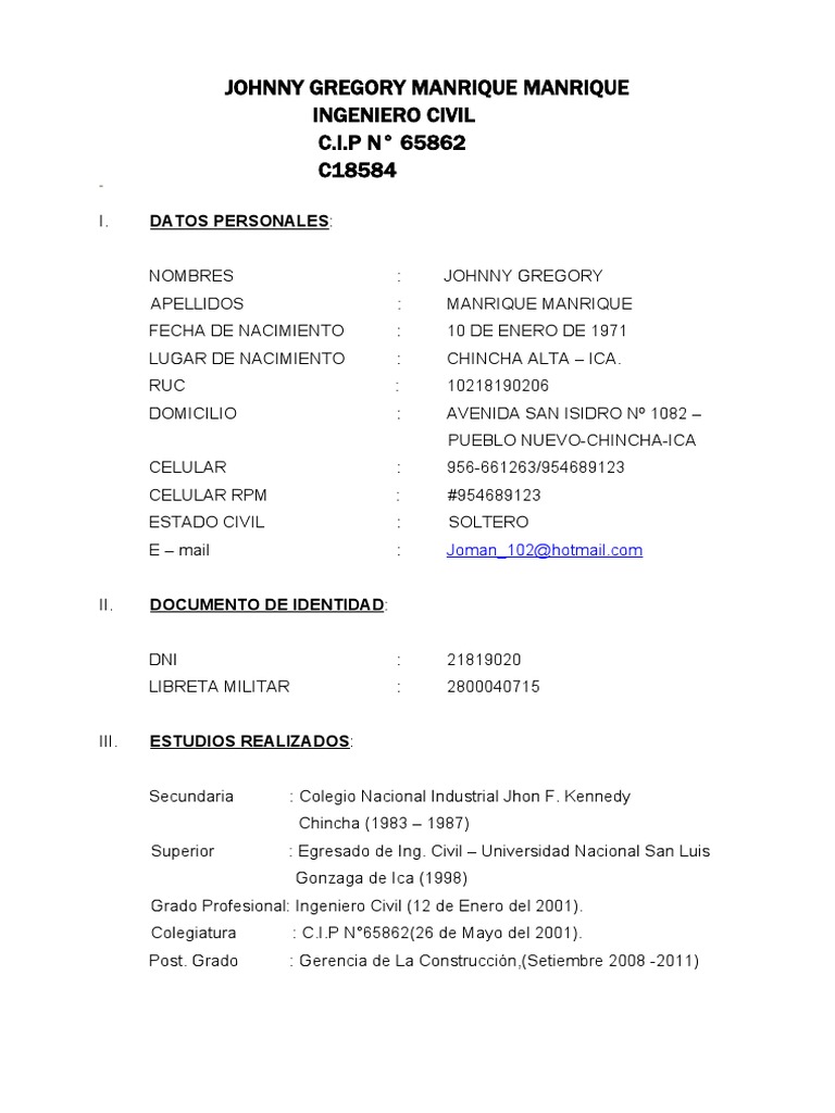 Curriculum - Vitae Ing - Johnny Manrique M.-2020 | PDF | Lima | Ingeniería