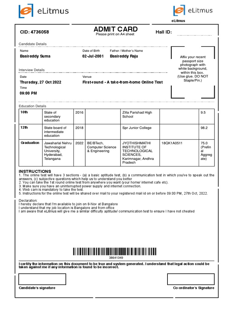 eLitmus Admit Card for Online Test | PDF