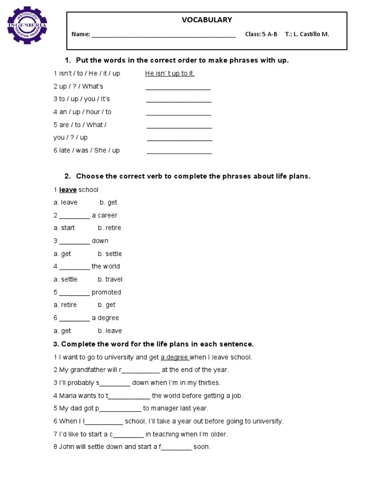 Life Plans Vocabulary Exercises | PDF | Language Arts & Discipline ...