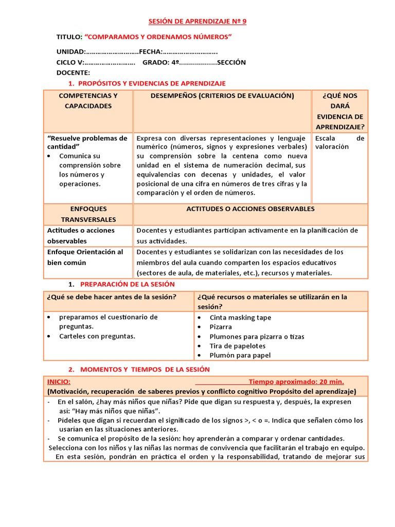 Sesión de Aprendizaje #9 Comparamos y Ordenamos Números | PDF | Aprendizaje | Ciencia cognitiva