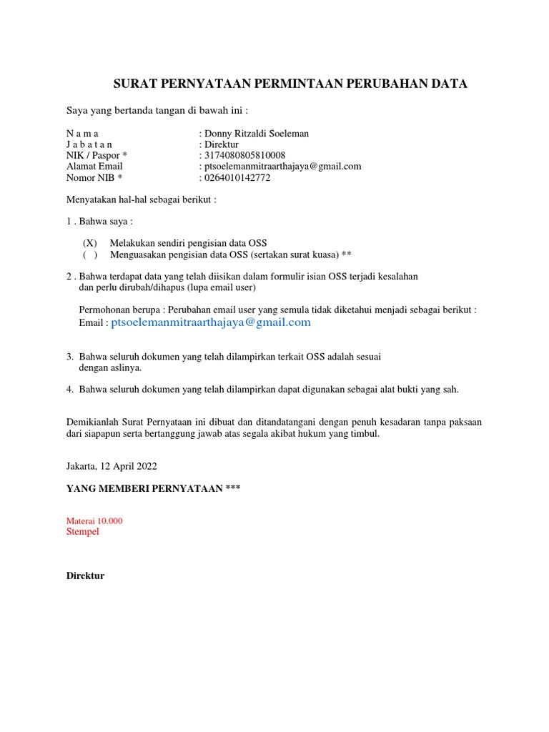Surat Perubahan Data OSS | PDF