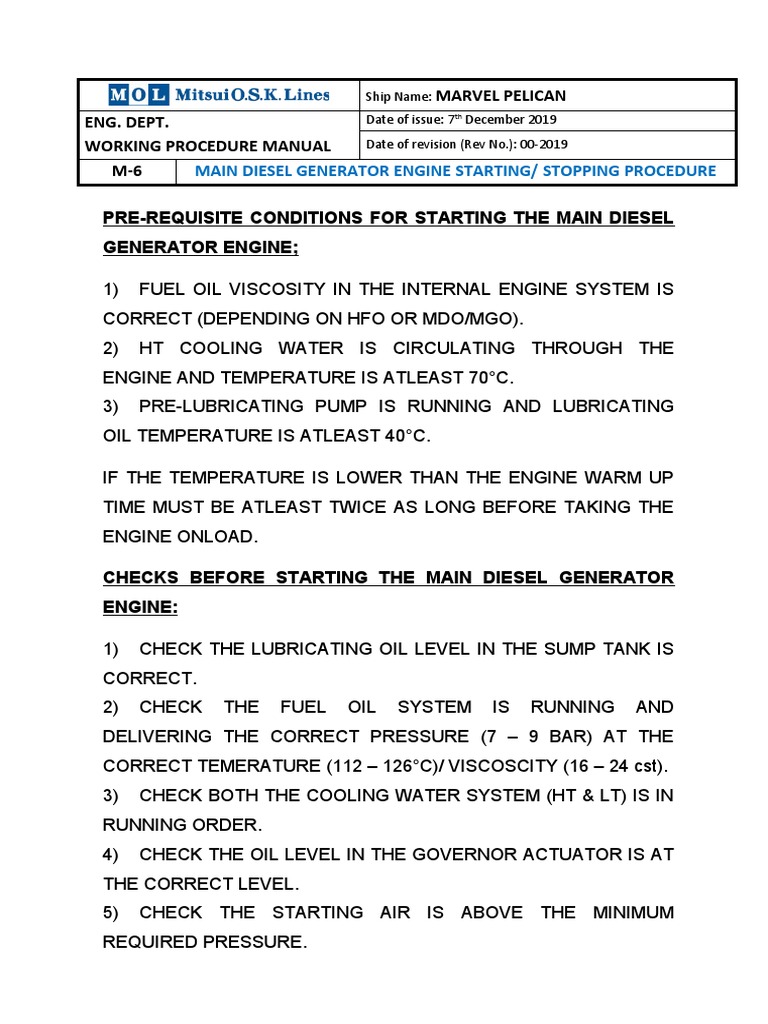 M-6 Main Diesel Generator Engine Starting & Stopping Procedure | PDF ...