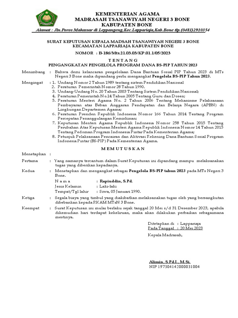 SK Pengelola PIP Tahun 2023 MTSN 3 | PDF