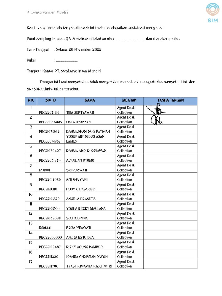 TEMPLATE ABSENSI SOSIALISASI | PDF