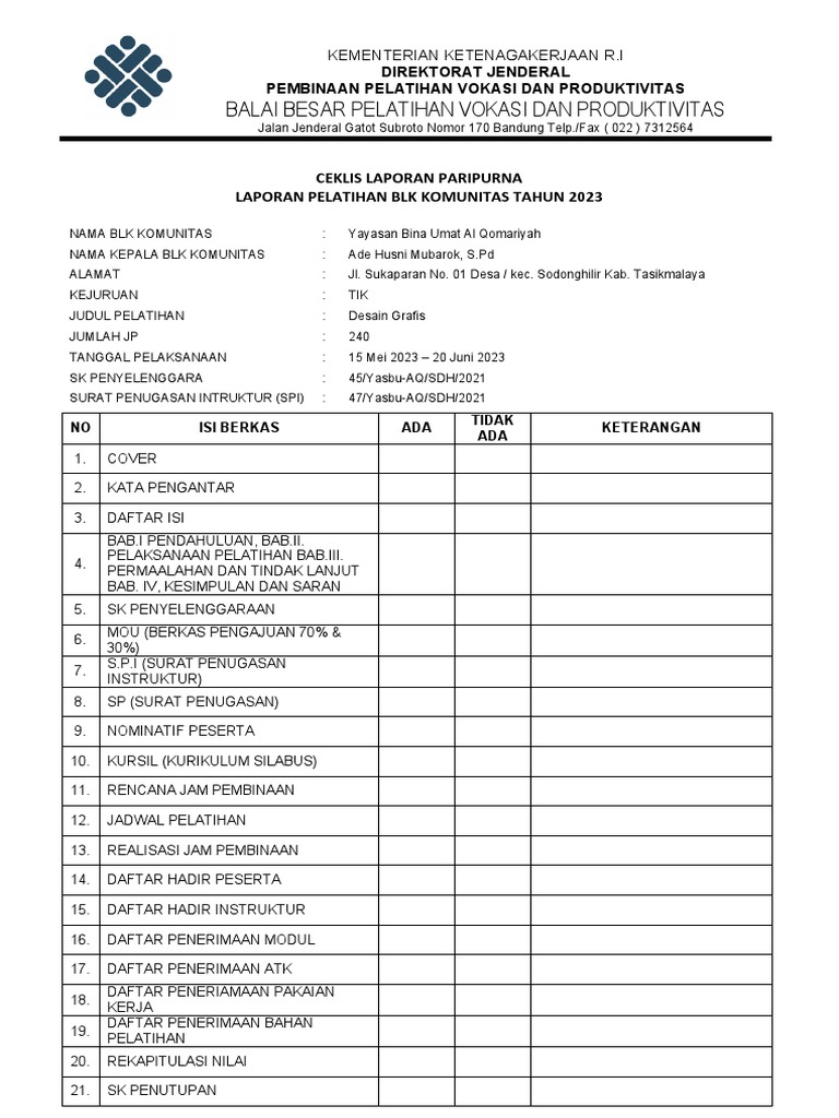 Ceklis Laporan Paripurna BLKK | PDF | Seni