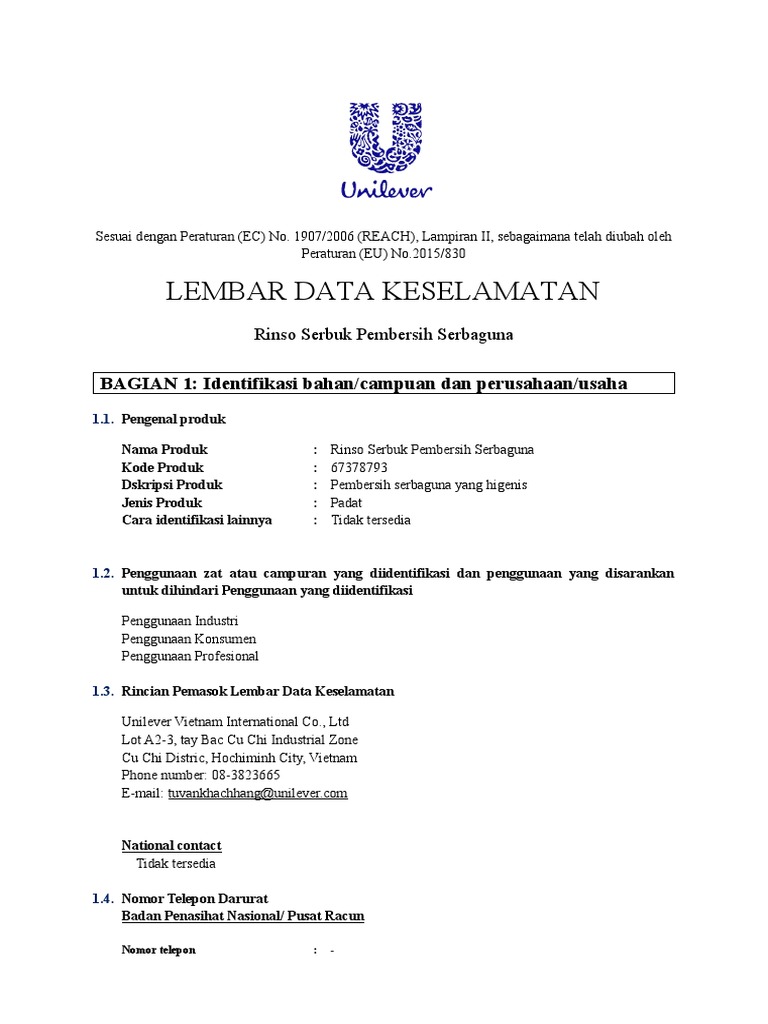 MSDS Rinso Bubuk | PDF