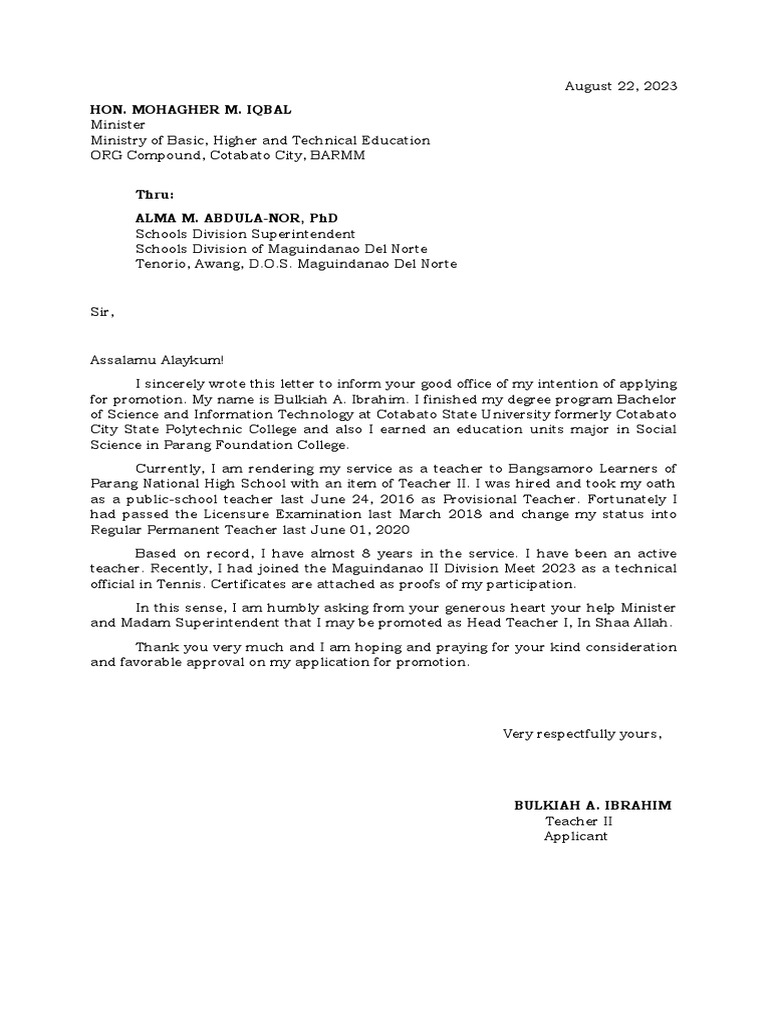 Letter of Intent for Teacher Promotion | PDF