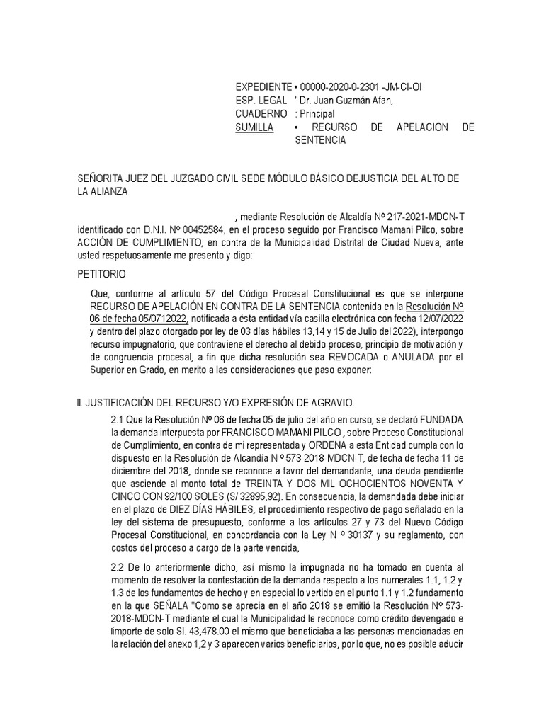 Modelo de Apelacion | PDF | Presupuesto | Apelación