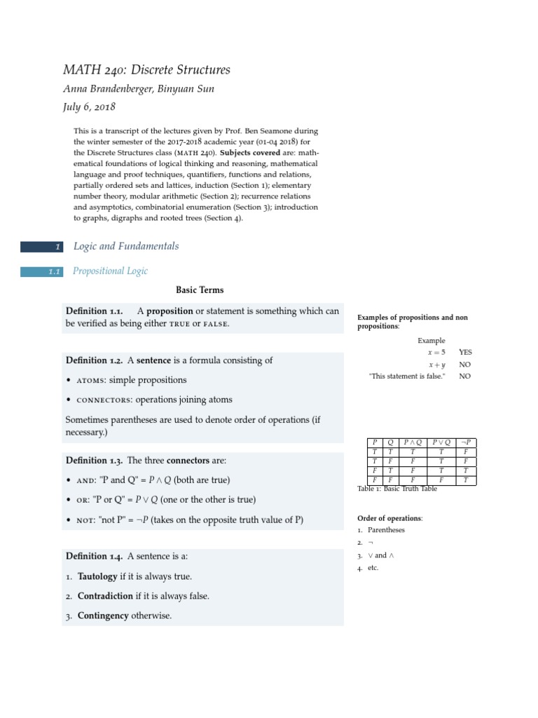 MATH 240 Notes | PDF | Discrete Mathematics | Logical Expressions