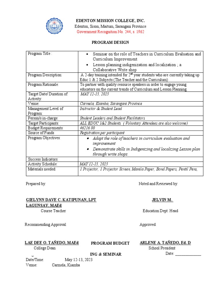 Program Design For Educ 1 & 2 | PDF