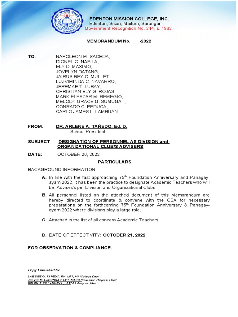 MEMO Designation | PDF