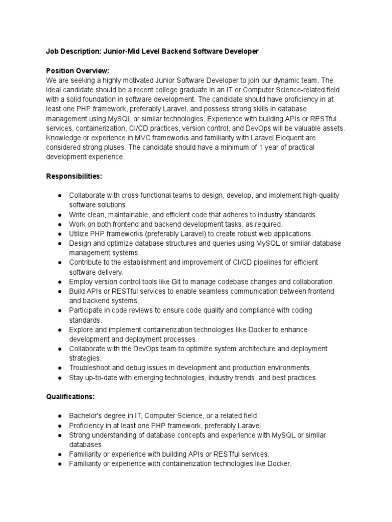 Job Description - Junior-Mid Level Backend Software Developer | PDF ...