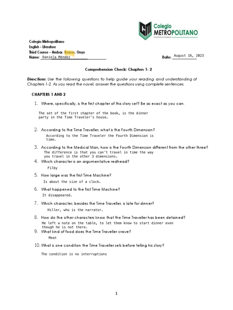 Comprehension Questions for Chapters 1-2 | PDF | Language Arts ...