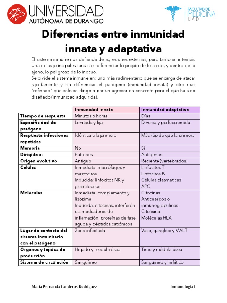 Diferencias Entre Inmunidad Innata y Adaptativa | PDF | Relaciones ...