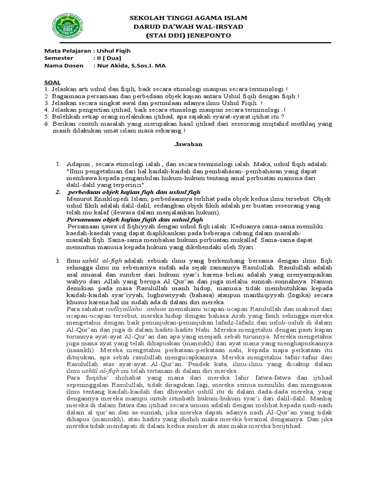 SOAL - Ushul Fiqh Semester 2 FIX | PDF | Agama & Spiritualitas