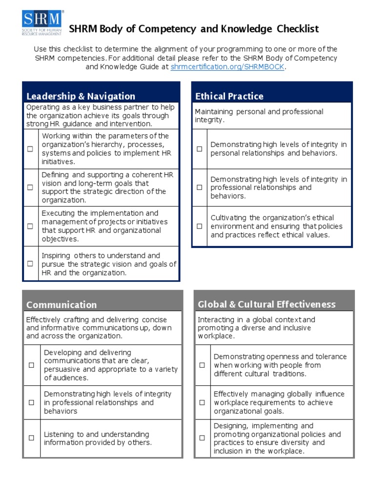 SHRM Competency Checklist Guide | PDF | Competence (Human Resources ...