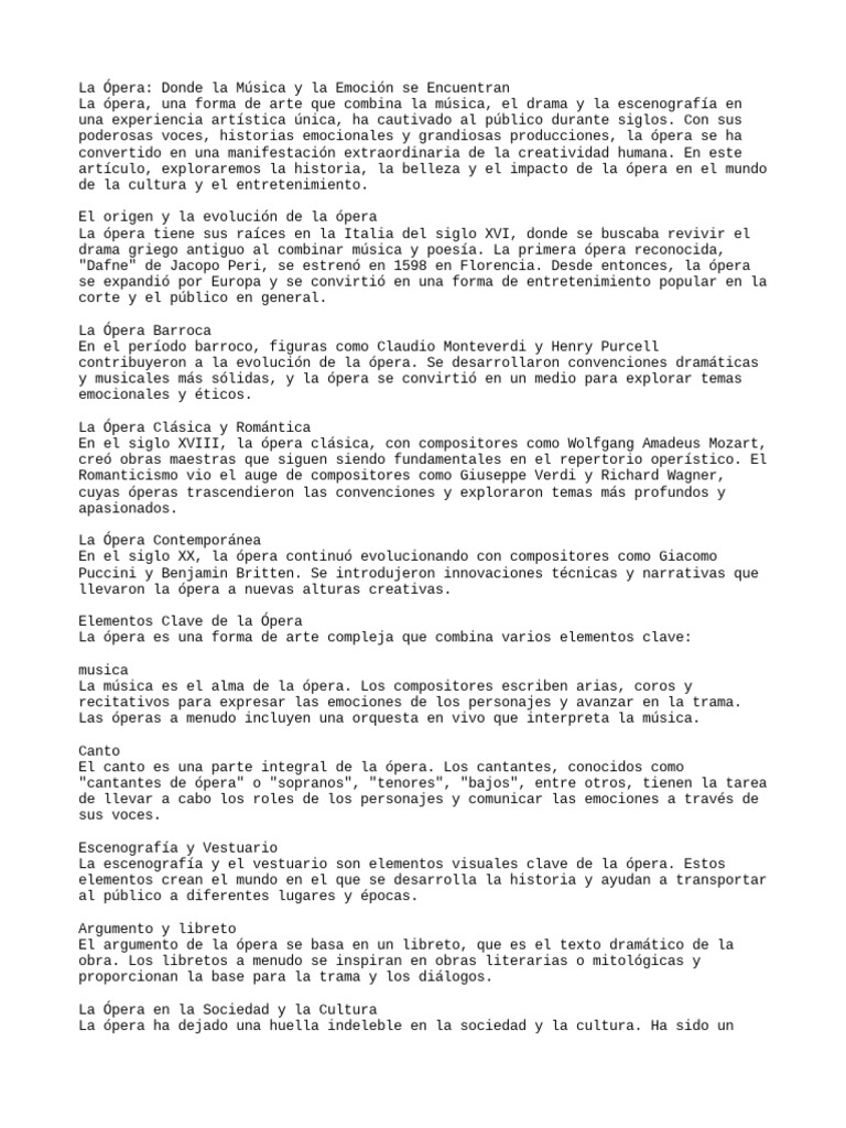 La Ópera Donde La Música y La Emoción Se Encuentran | PDF | Ópera ...