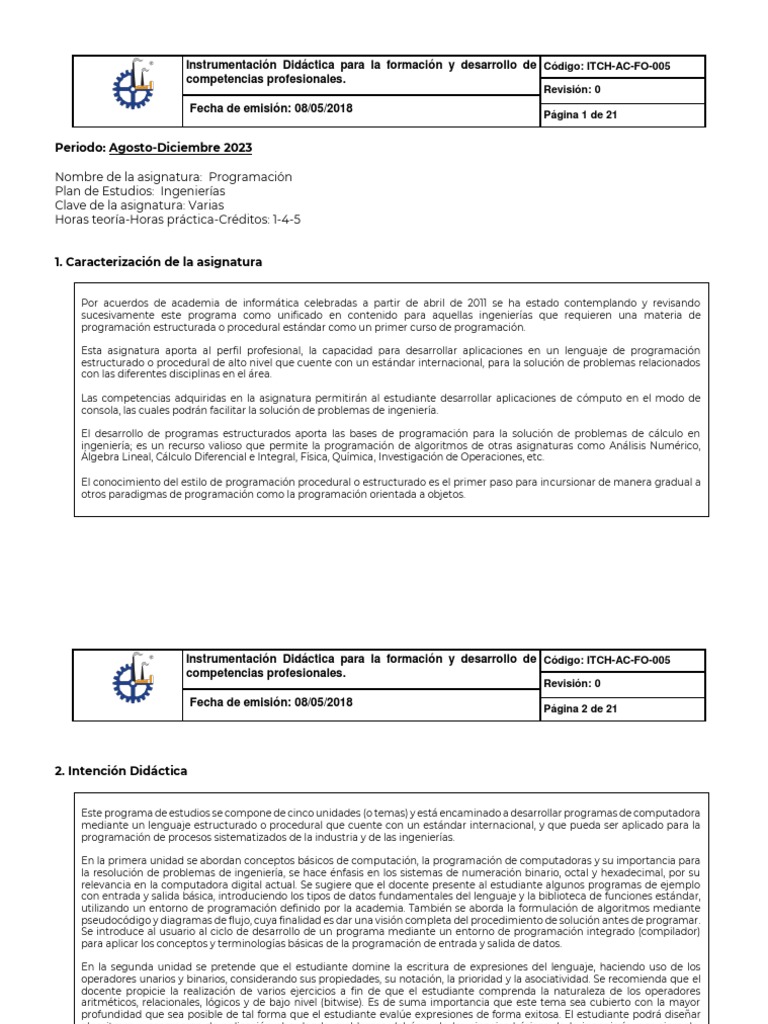 Instrumentacion Didactica 20233 Programacion | PDF | Lenguaje de programación | Programación de ...
