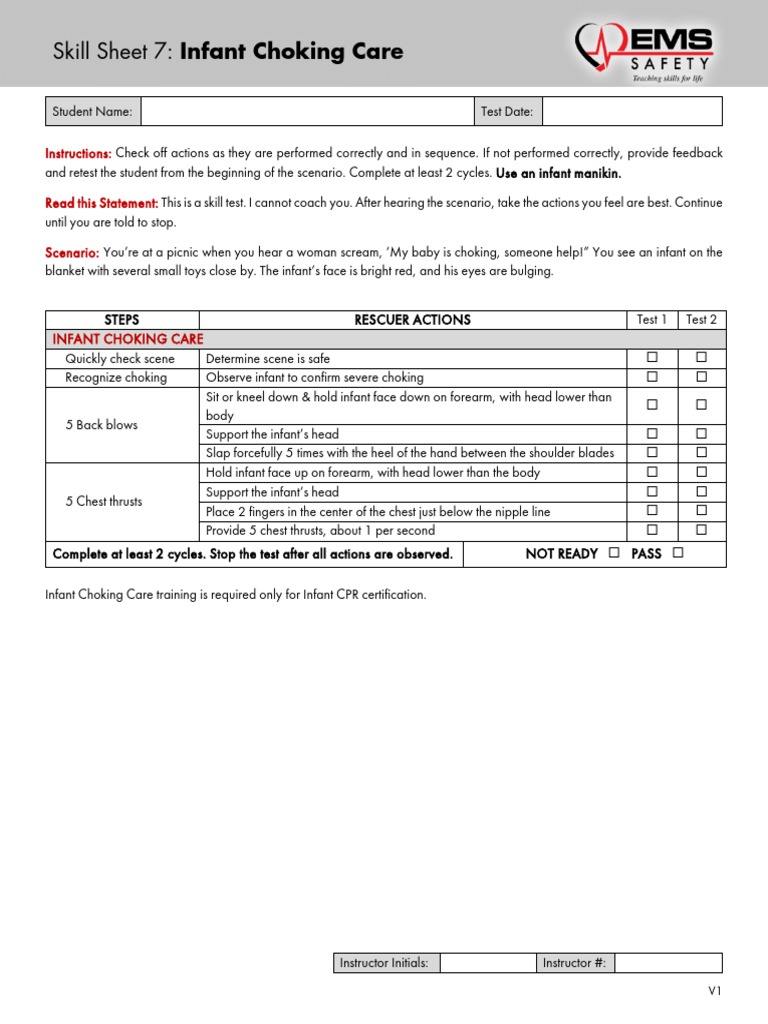 Skill Sheet 7 Infant Choking Care - Typable - V1 | PDF | Medical ...