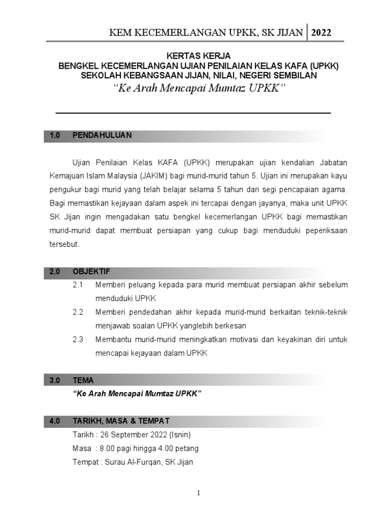 Kertas Kerja Bengkel Kecemerlangan Upkk SKJ 2022 | PDF