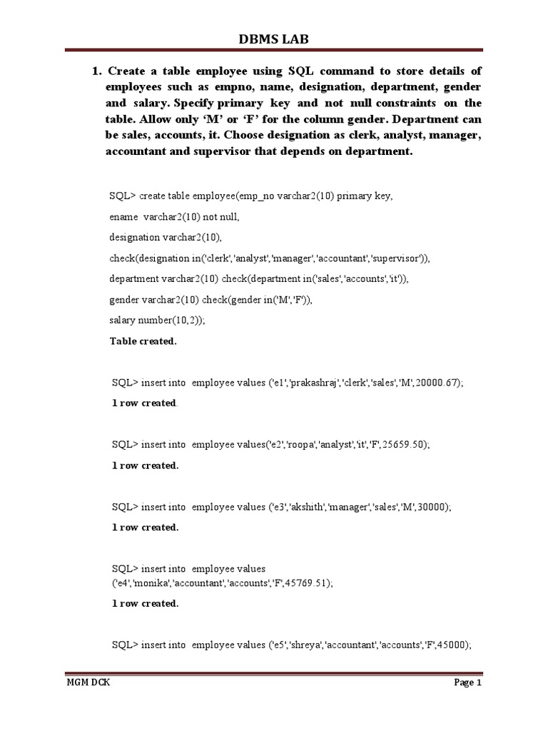 Dbms Record1 | PDF | Sql | Databases