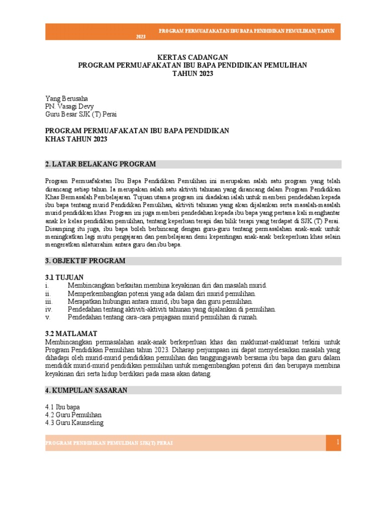 Kertas Kerja Program Permuafakatan Ibu Bapa Tahun 2023 | PDF