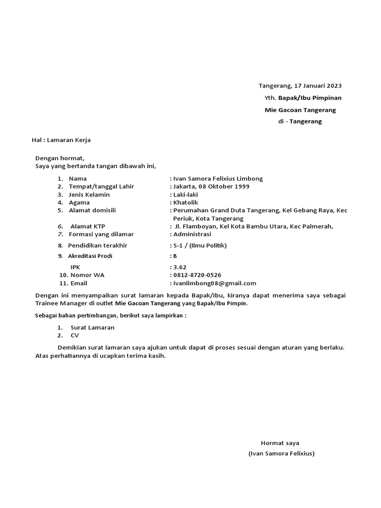 Surat Lamaran Mie Gacoan | PDF