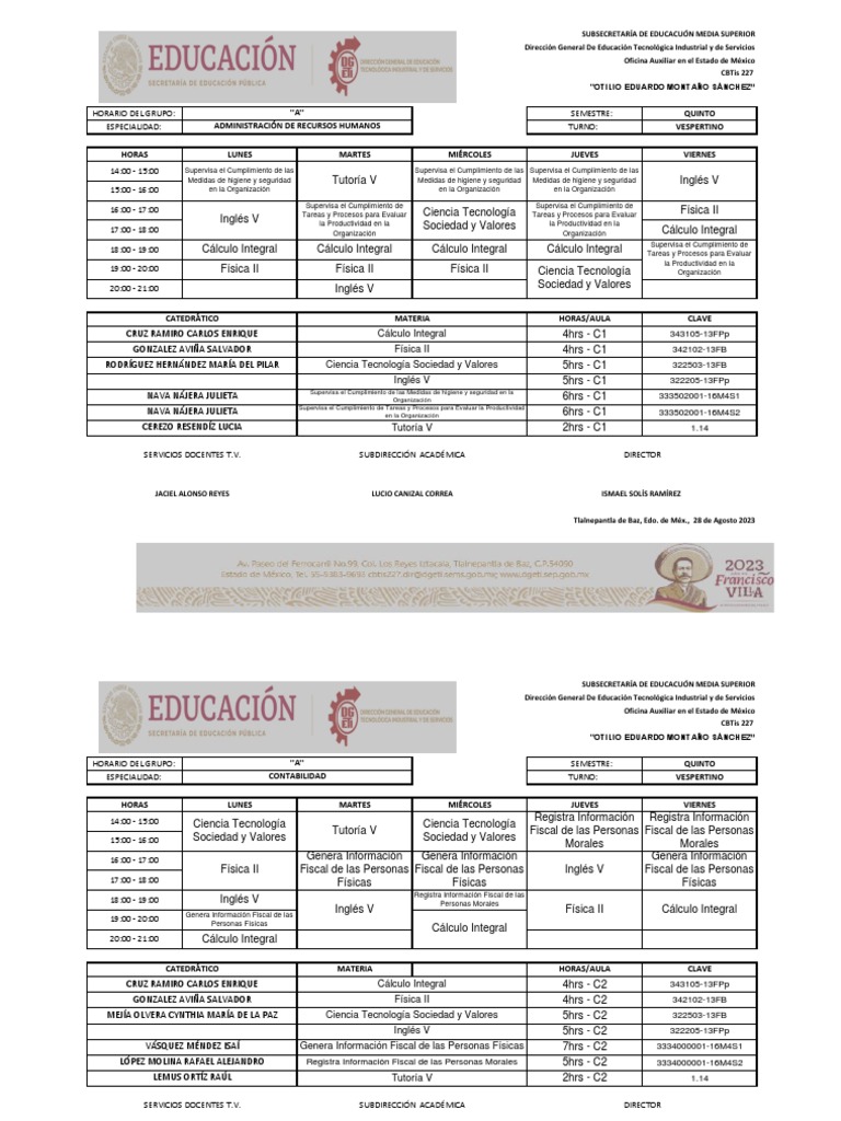 Horario Semestral CBTis 227 Administración y Contabilidad | PDF