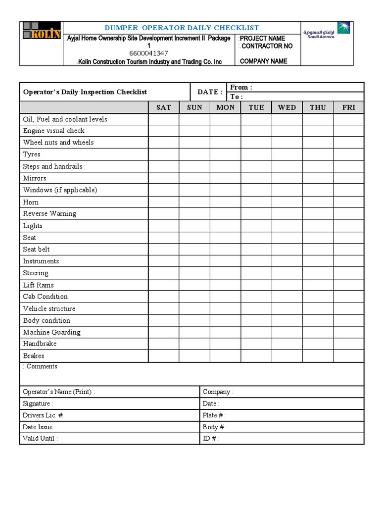 FC 4.1.21 - Dumper Checklist Form | PDF
