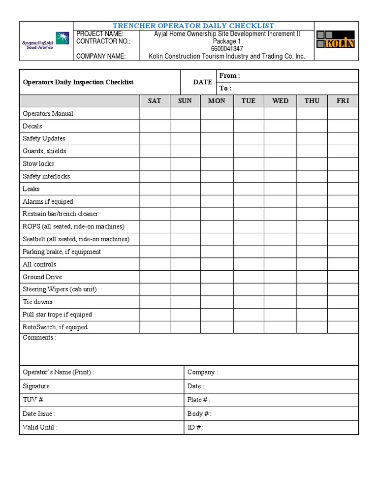 FC 4.1.23 - Trencher Operator's Checklist Form | PDF | Business | Computers